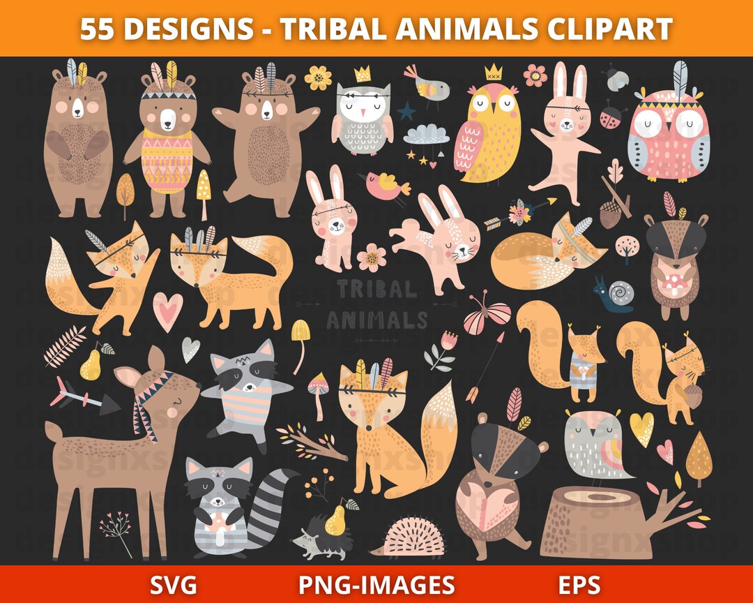 Tribal Animals Clipart, Animal Clipart, Cute Forest Animals, Woodland ...