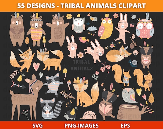 Woodland Tribal Animals Clipart Vol. 2 - Set of 19 Vector, PNG & JPG ...