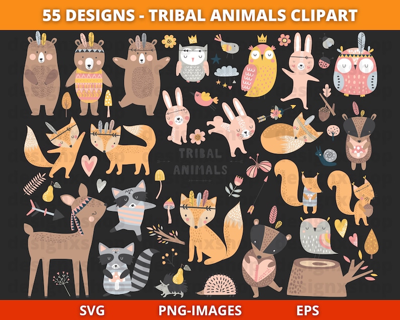Woodland Animals SVG, Tribal Animals Clipart, Forest Animal SVG & PNG ...