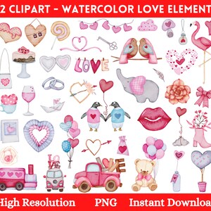 Valentine's Day Clipart, Love Clipart, Watercolor Love Elements, Heart ...