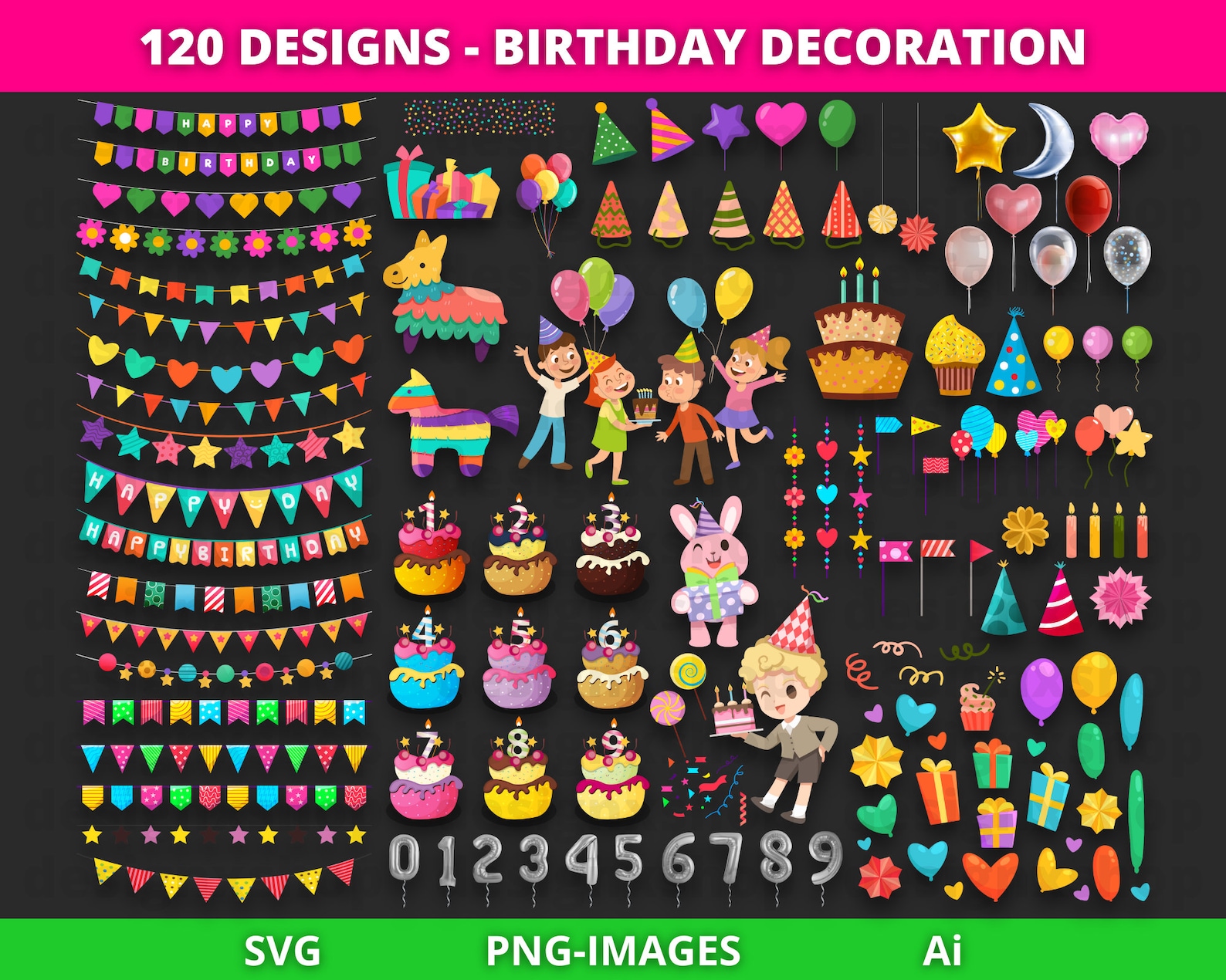 Birthday Party Clipart: Cake, Balloons, Garland (SVG & PNG) - Etsy