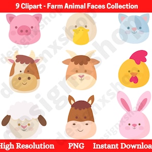 Farm Animal Faces Clipart, Animal Faces, Farm Animal Clipart, Farm Face ...