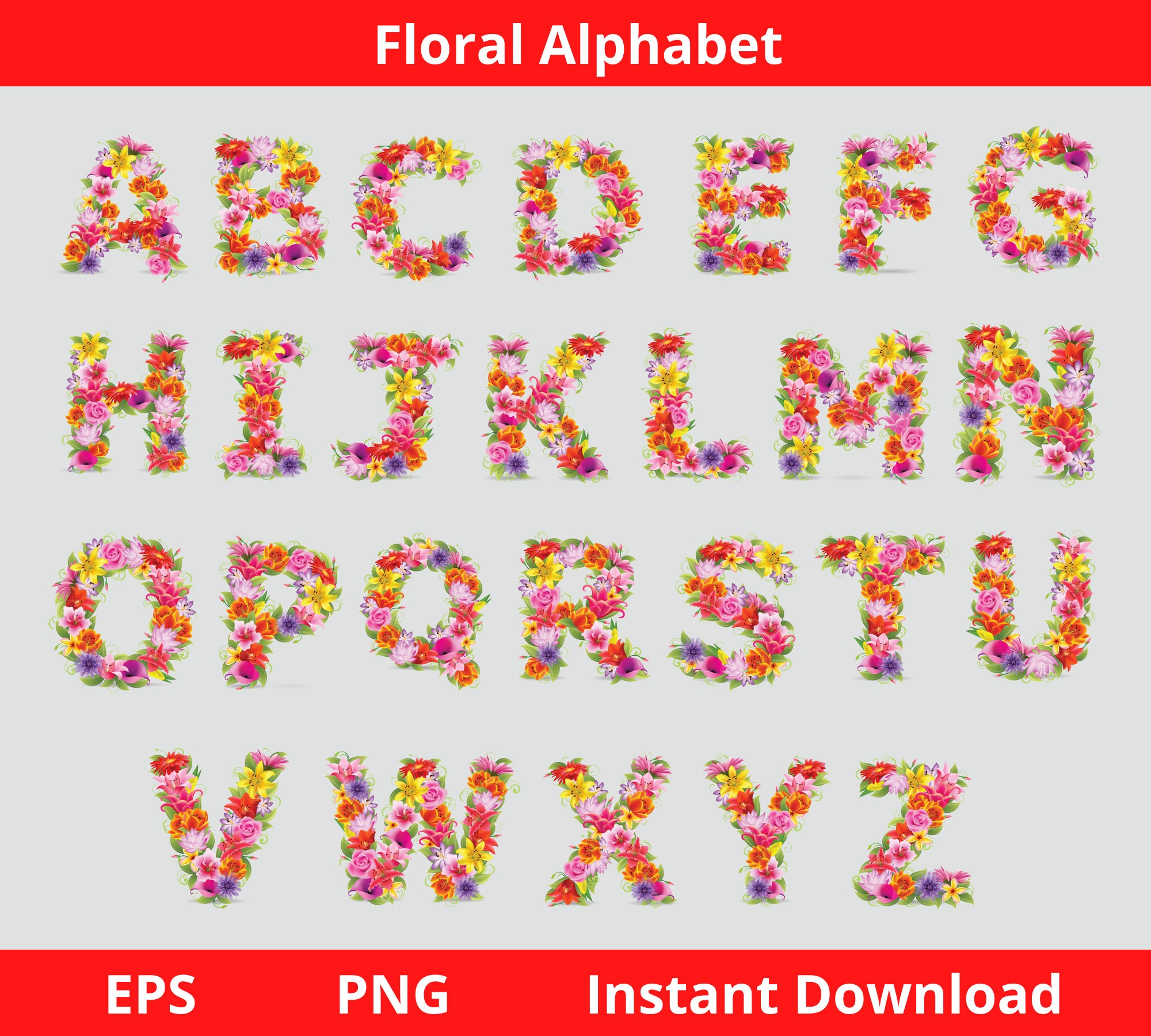 Floral Alphabet Clipart Flower Alphabet Colorful Flowers - Etsy UK