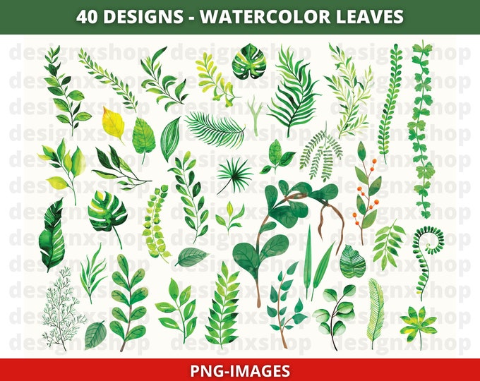 Greenery Foliage Leaves Clipart Bundle, Watercolor Leaves Png, Lush ...