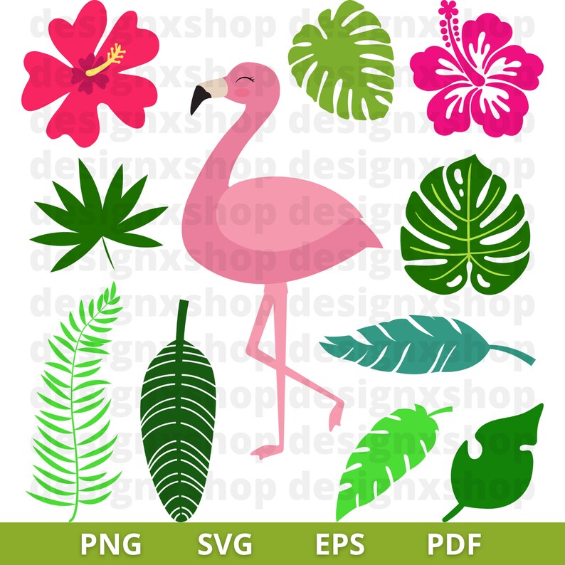 Tropical Clipart, Flamingo Svg, Tropical Flowers and Leaves Svg Cut ...
