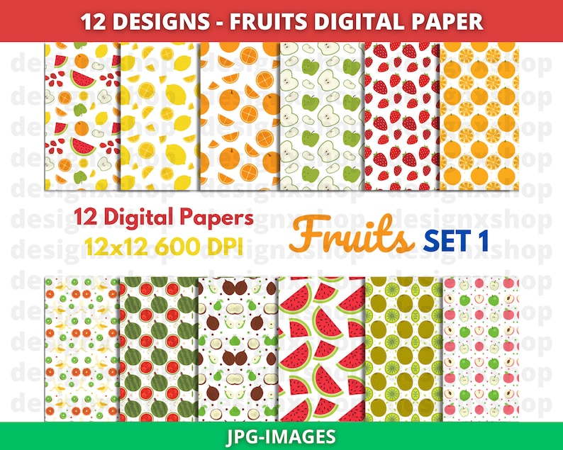 Fruits Digital Paper Set | Fruits Seamless Digital Paper | Fruits ...