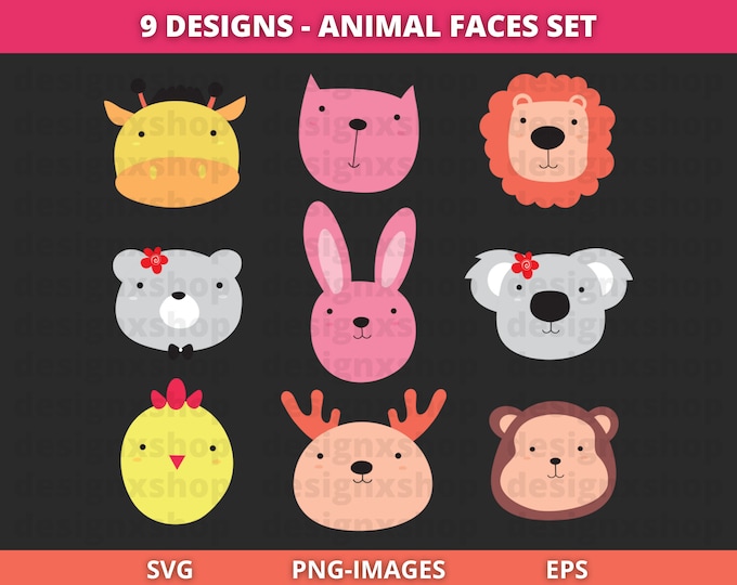 Animal Faces Clipart, Safari Animals, Cats, Dogs, Bears, Lamb, Pigs ...