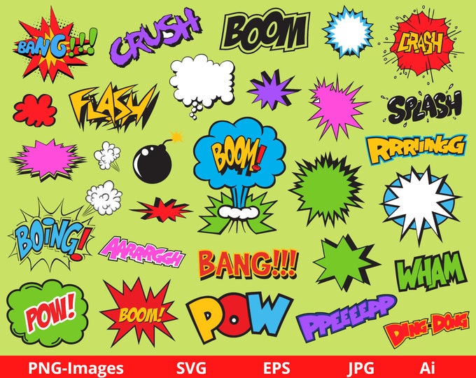 Comic Style Action Bubbles, Comic Book Clipart, Superheroes Clipart ...