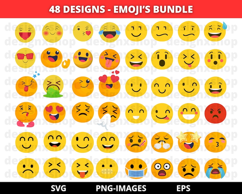 Emoji Clipart: 48 Smiley Face SVG & PNG Bundle (digital Download) - Etsy