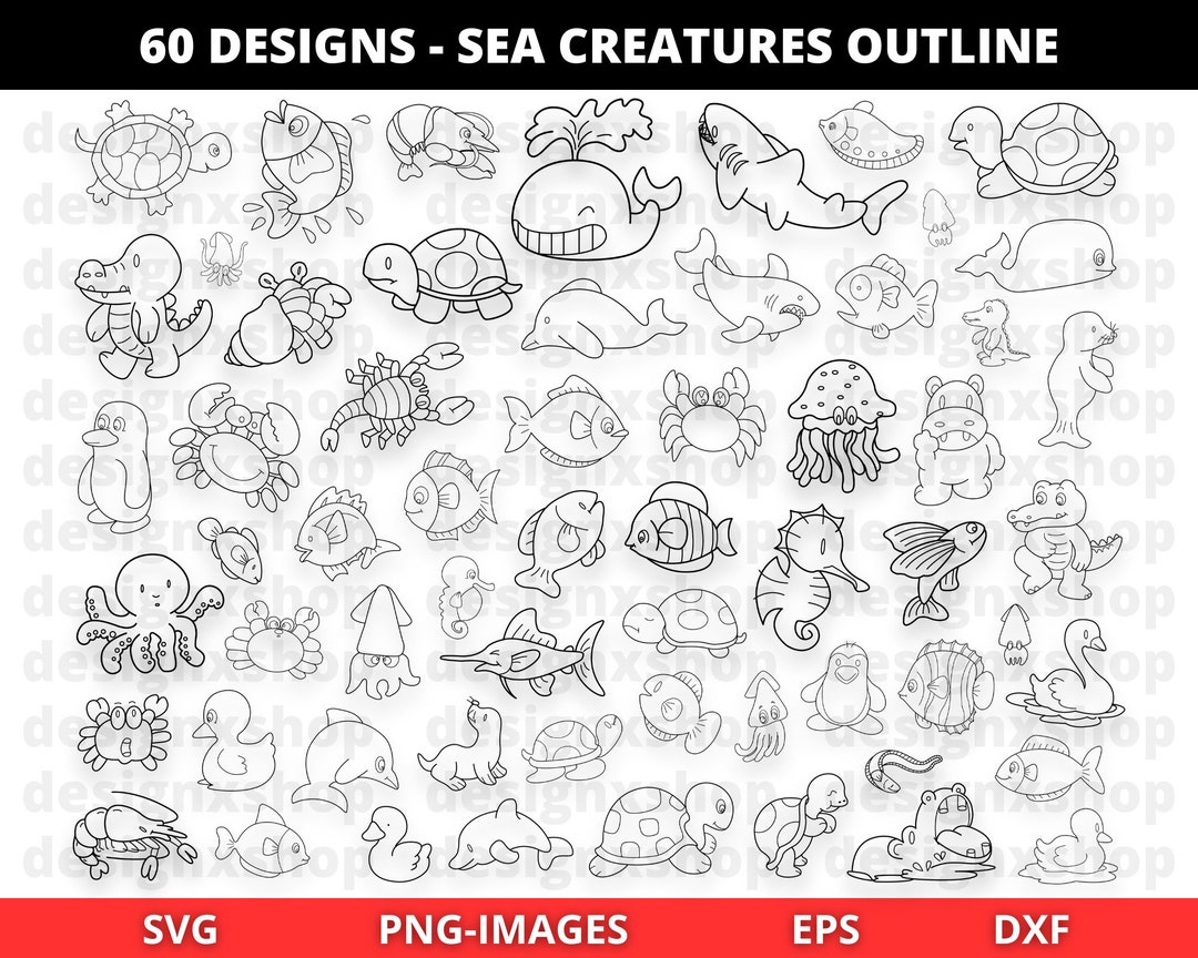Ocean Animal Clipart, Sea Creatures Digital Stamps - Outlines, Line Art ...