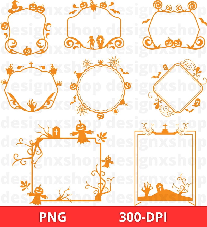 Halloween Frames Clipart: Spooky Pumpkin PNG Bundle (digital Download ...