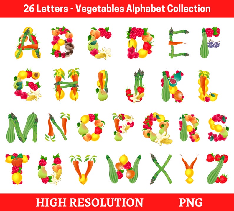Vegetables Alphabet Clipart Vegetables Clipart Vegetables | Etsy