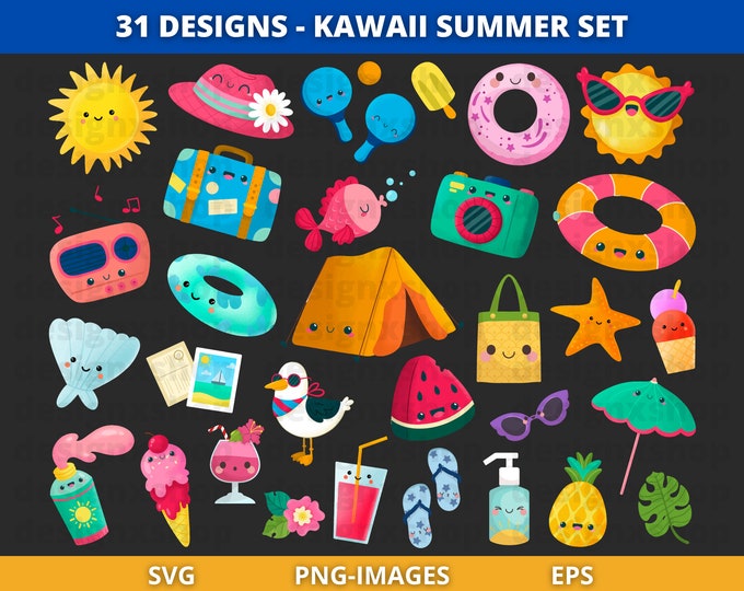 Summer Clipart Set With Cute Kawaii Cartoon Characters. 34 Digital ...