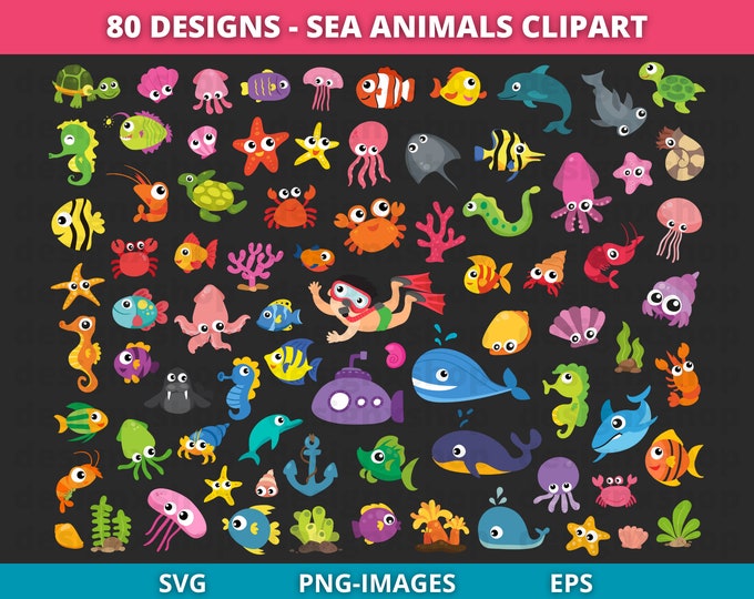 Sea Life Clipart Set. Ocean Animals and Summer Clipart Bundle for ...