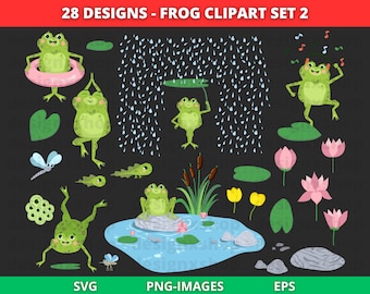 Frog Clipart Set: Pond Life, Lilypads, Dragonflies (SVG, PNG) - Etsy