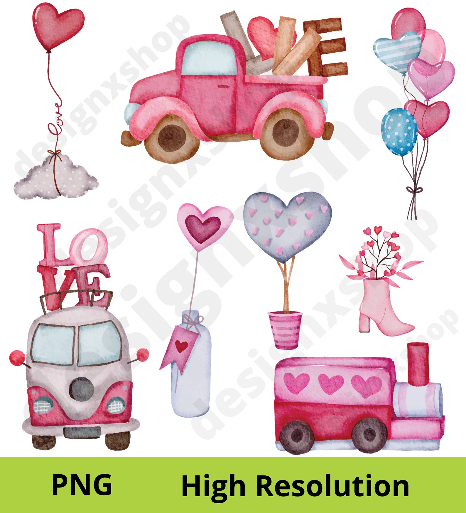 Watercolor Valentine's Day Clipart: Love Hearts PNG EPS (digital ...