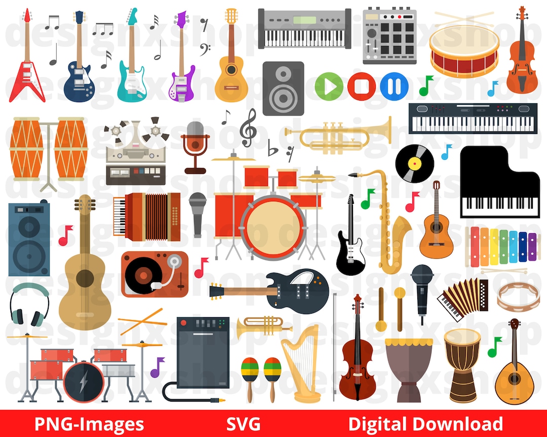 Musical Instruments Clipart Music Bundle Guitar Violin Drums Xylophone ...