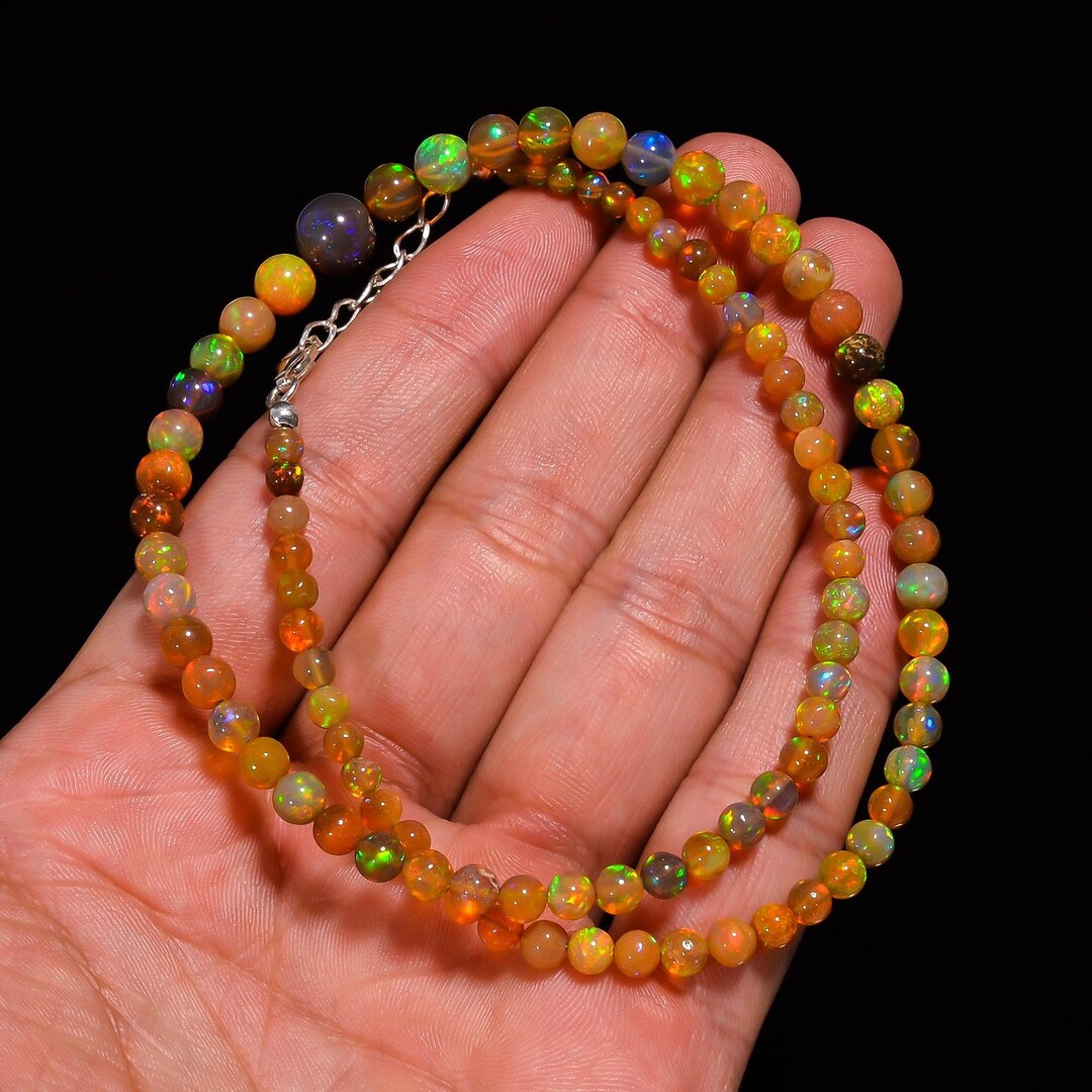 Smooth Dark Base Ethiopian Opal Necklace Round Beads , Top Quality Ethiopian Opal Necklace ...