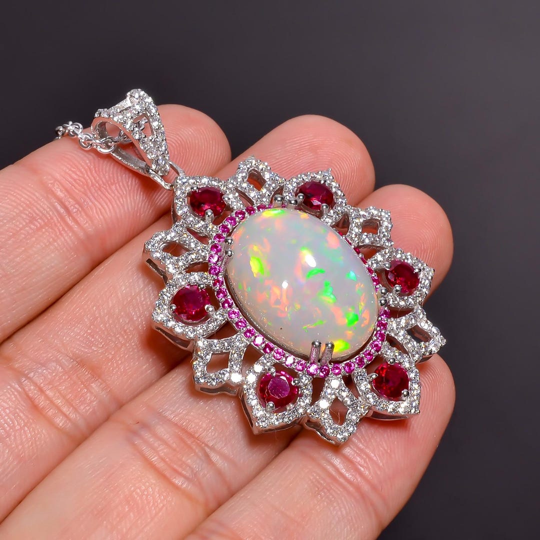 Natural Opal Pendant Necklace, Ethiopian Welo Opal Necklace, Floral ...