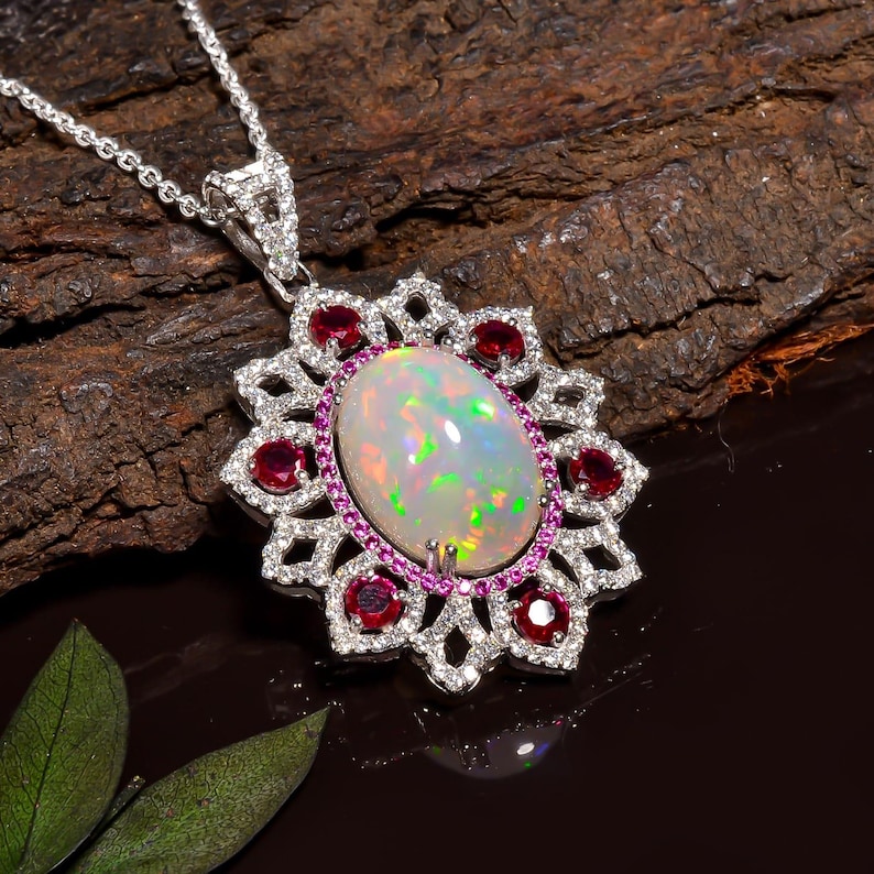 Natural Opal Pendant Necklace, Ethiopian Welo Opal Necklace, Floral ...