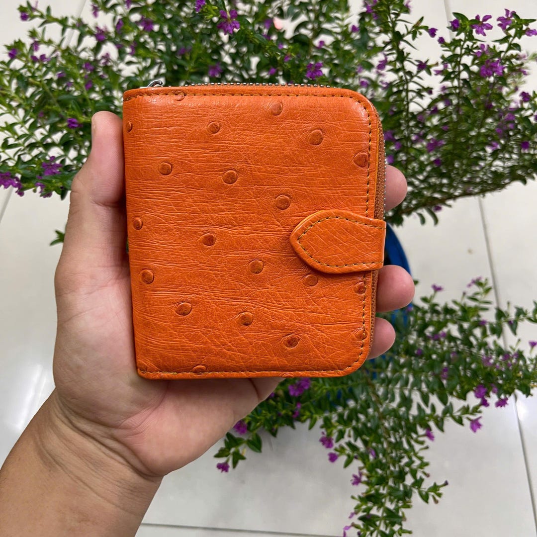 Orange Ostrich Leather Bifold Wallet: Handmade Women's Card & Zipper ...