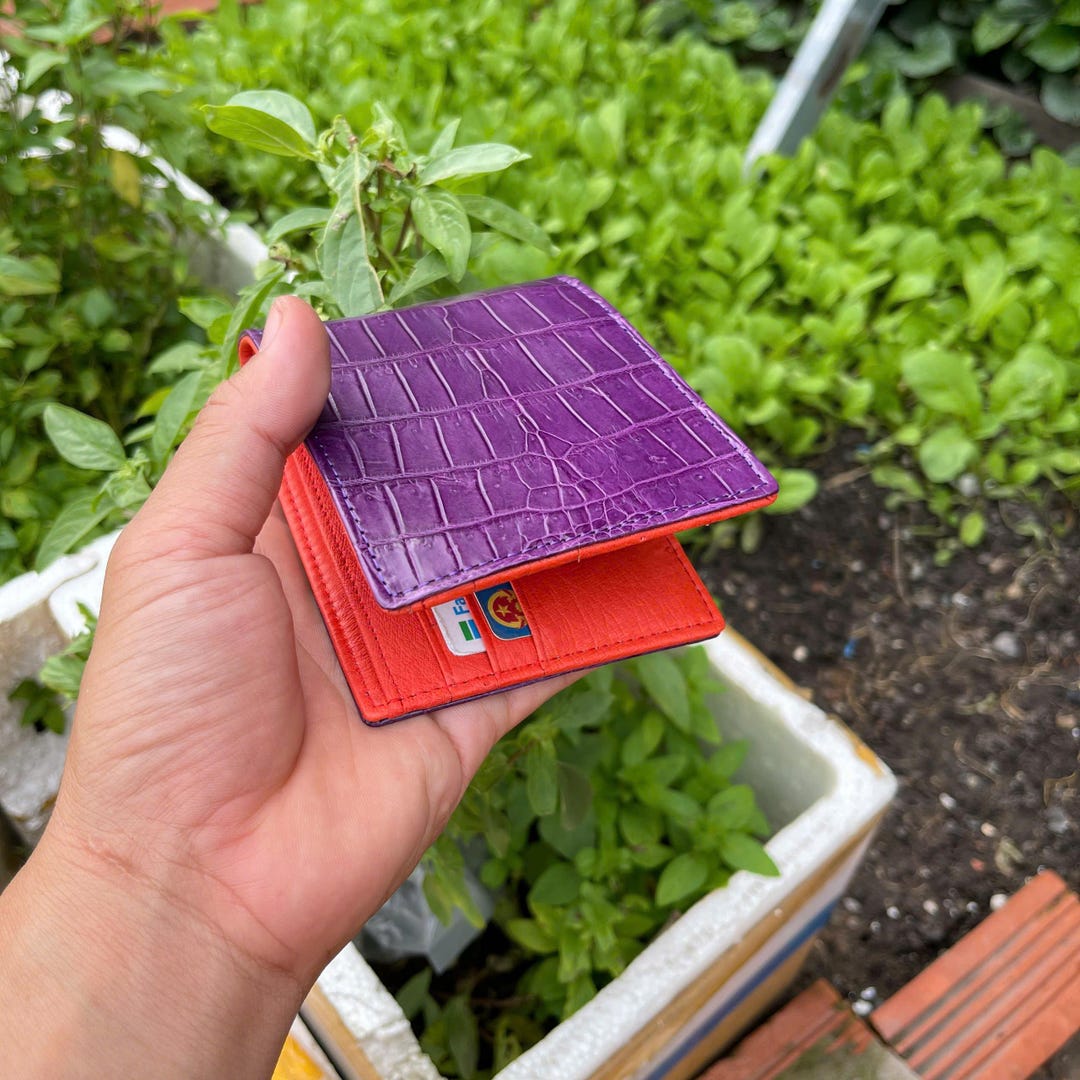 Purple Genuine Real Alligatoor Leather Bifold Wallet Card Money Clip ...