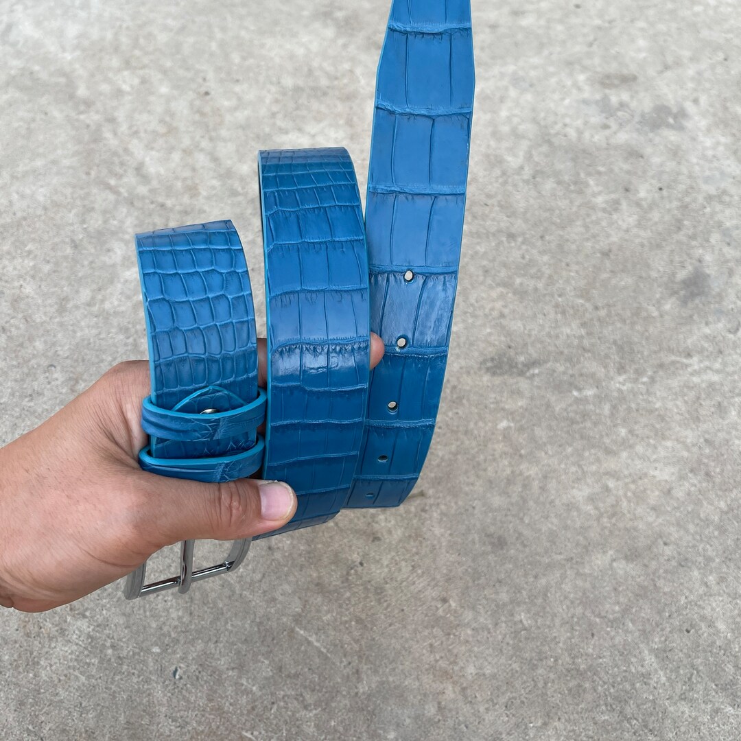 Blue Gator Leather Belt: Silver Buckle, Men's Fashion (3.4cm) - Etsy