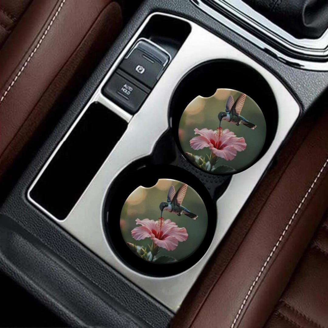 Hummingbird and Hibiscus Car Coasters Set: Absorbent Ceramic With ...