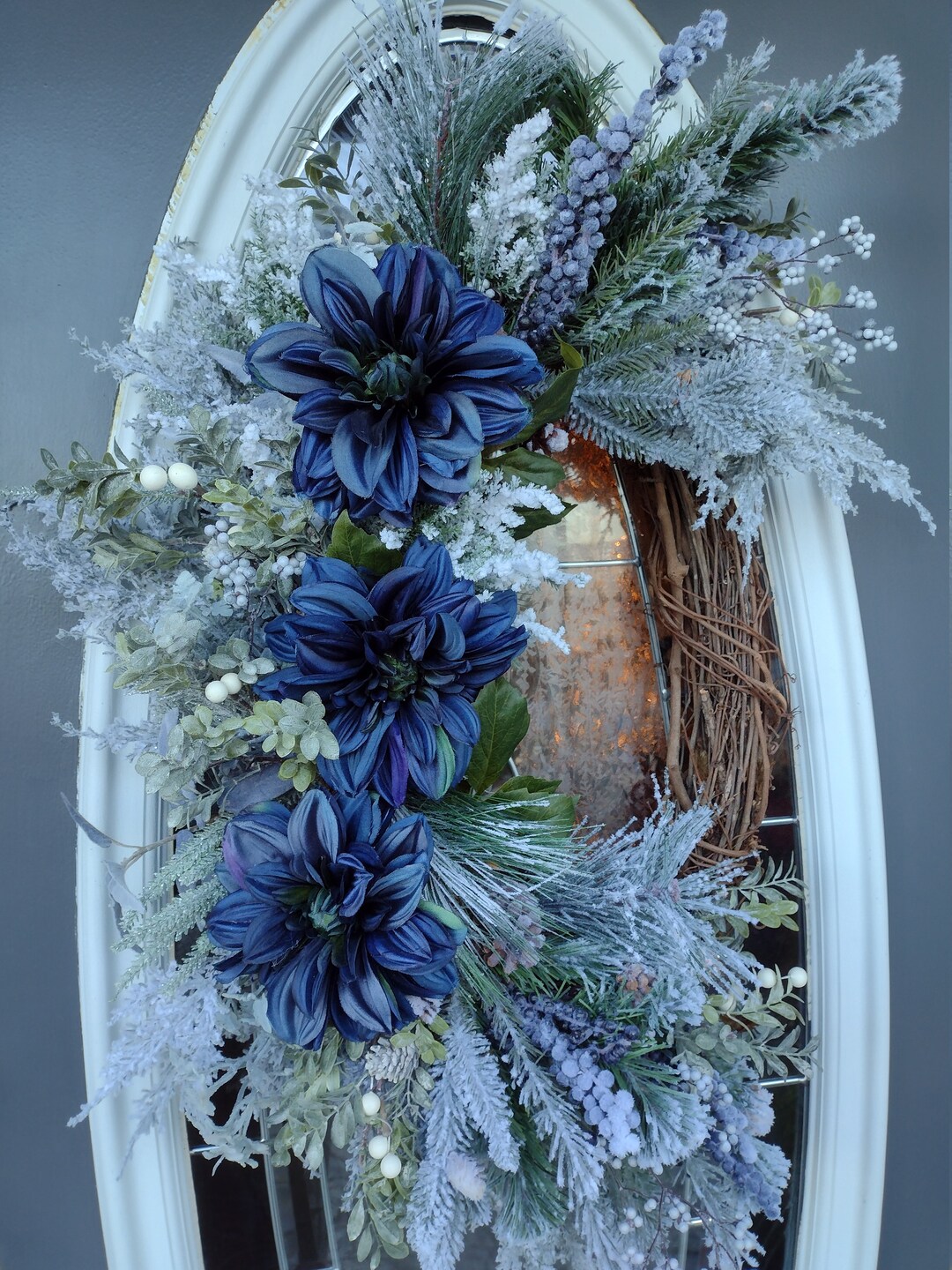 Winter Wreath, Blue and White Winter Grapevine, Navy Blue Christmas ...
