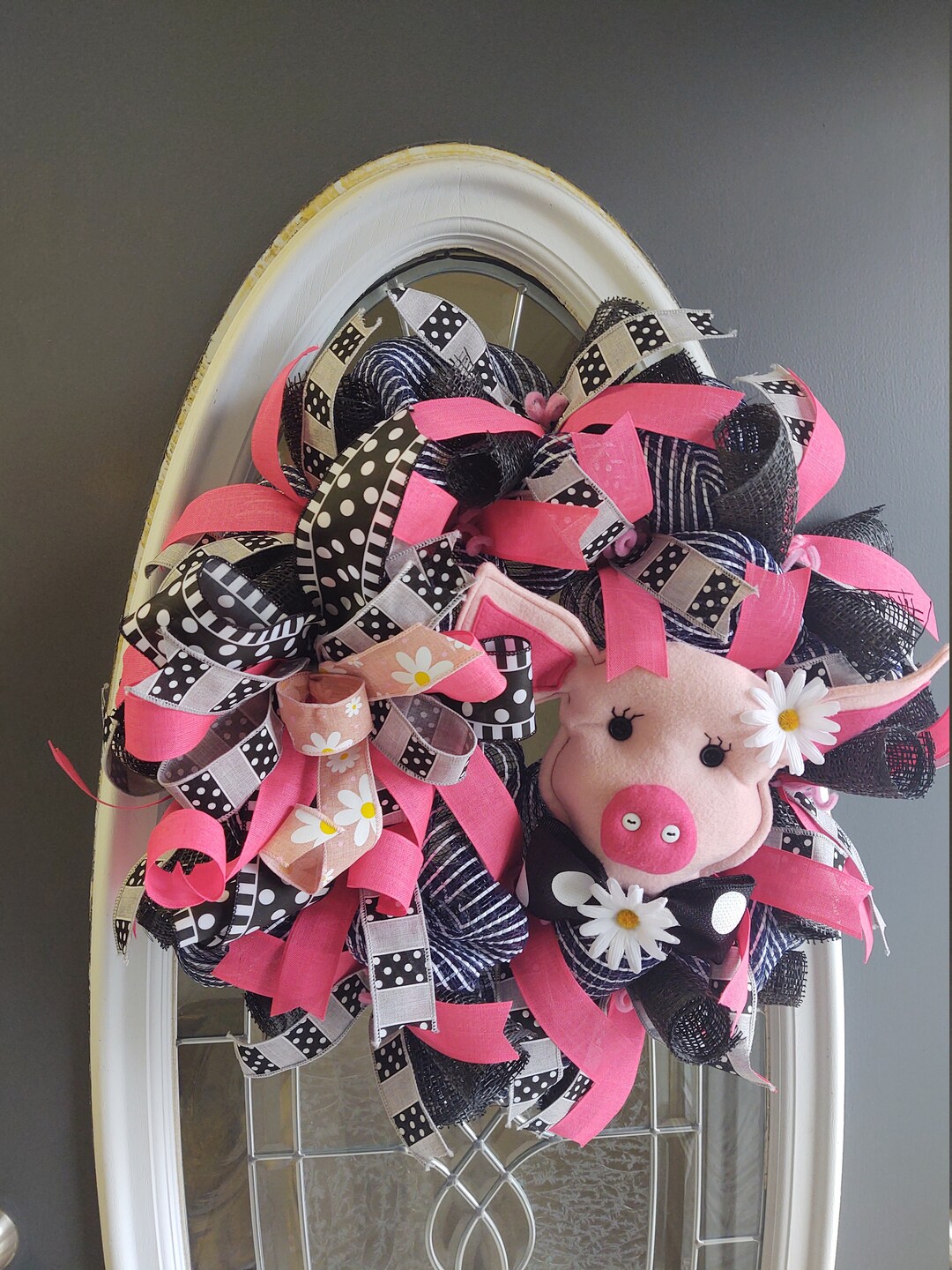 Pink Pig Wreath, Fabric Mesh Wreath, Farmhouse Wreath, Farm Animal ...