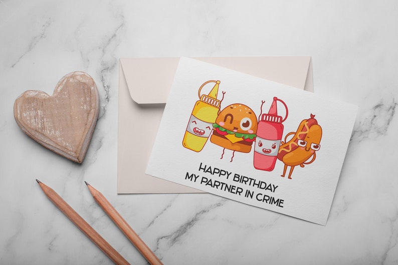 Partner in Crime Birthday Card Hot Dog Burger Ketchup Lover Funny ...