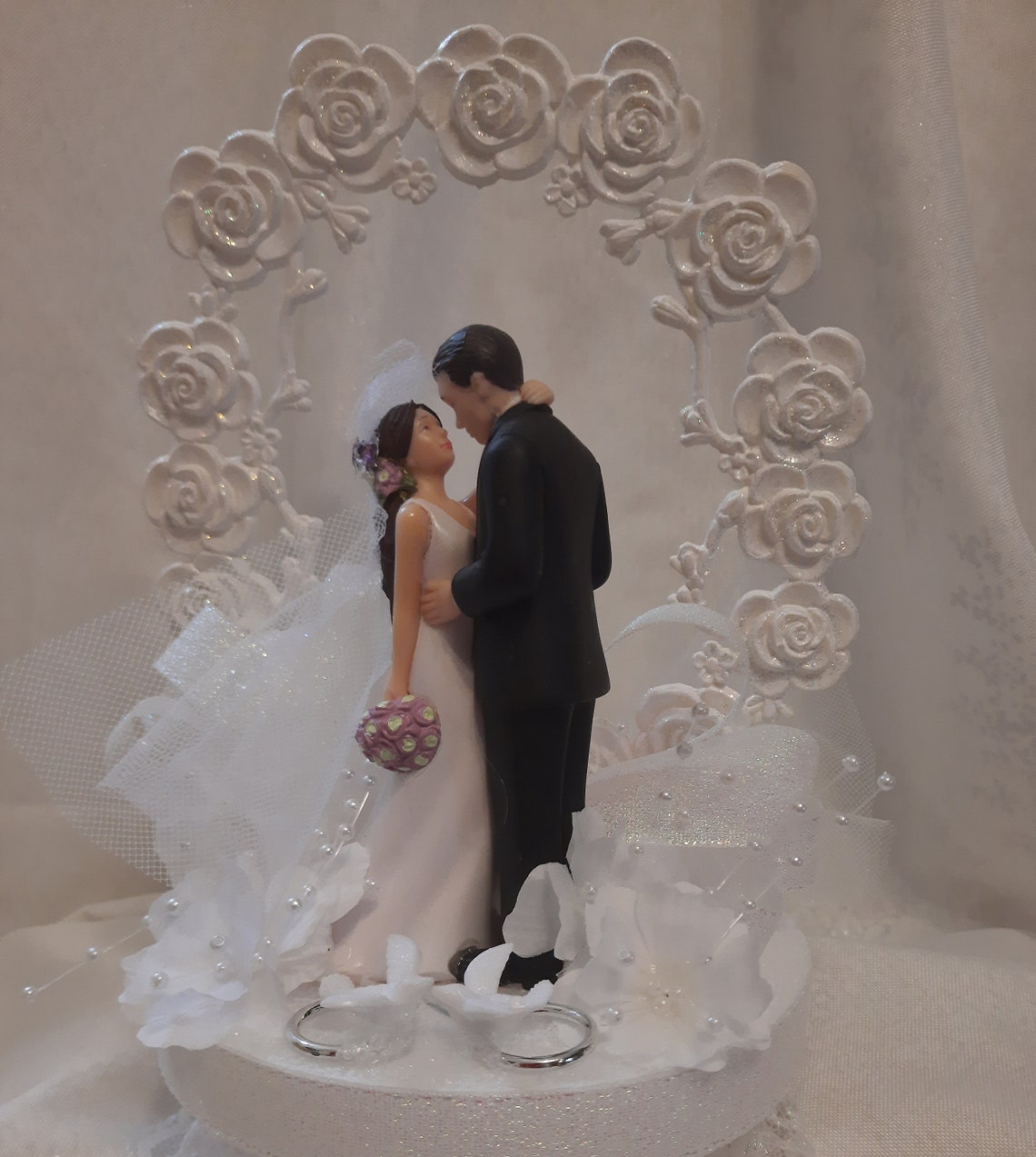 Wedding Cake Topper Caucasian Dark Hair Bride With Veil, and Groom - Etsy
