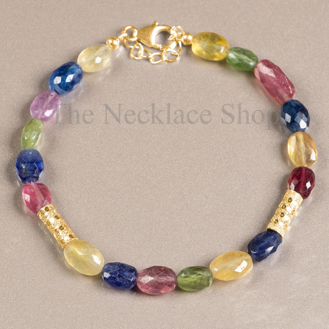 925 Sterling Silver Multi Sapphire Stacking Bracelet,natural Gemstone ...
