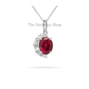 Half Moon Ruby Pendant, 14k Solid Gold, Ruby Diamond Pendant, Oval ...