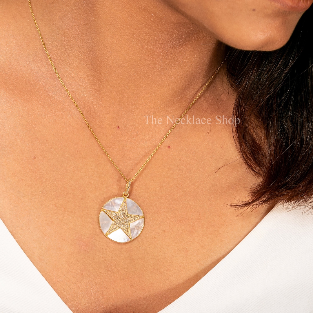Diamond Star Pendant With Mother of Pear, Gold Pendant Necklace, 14k ...
