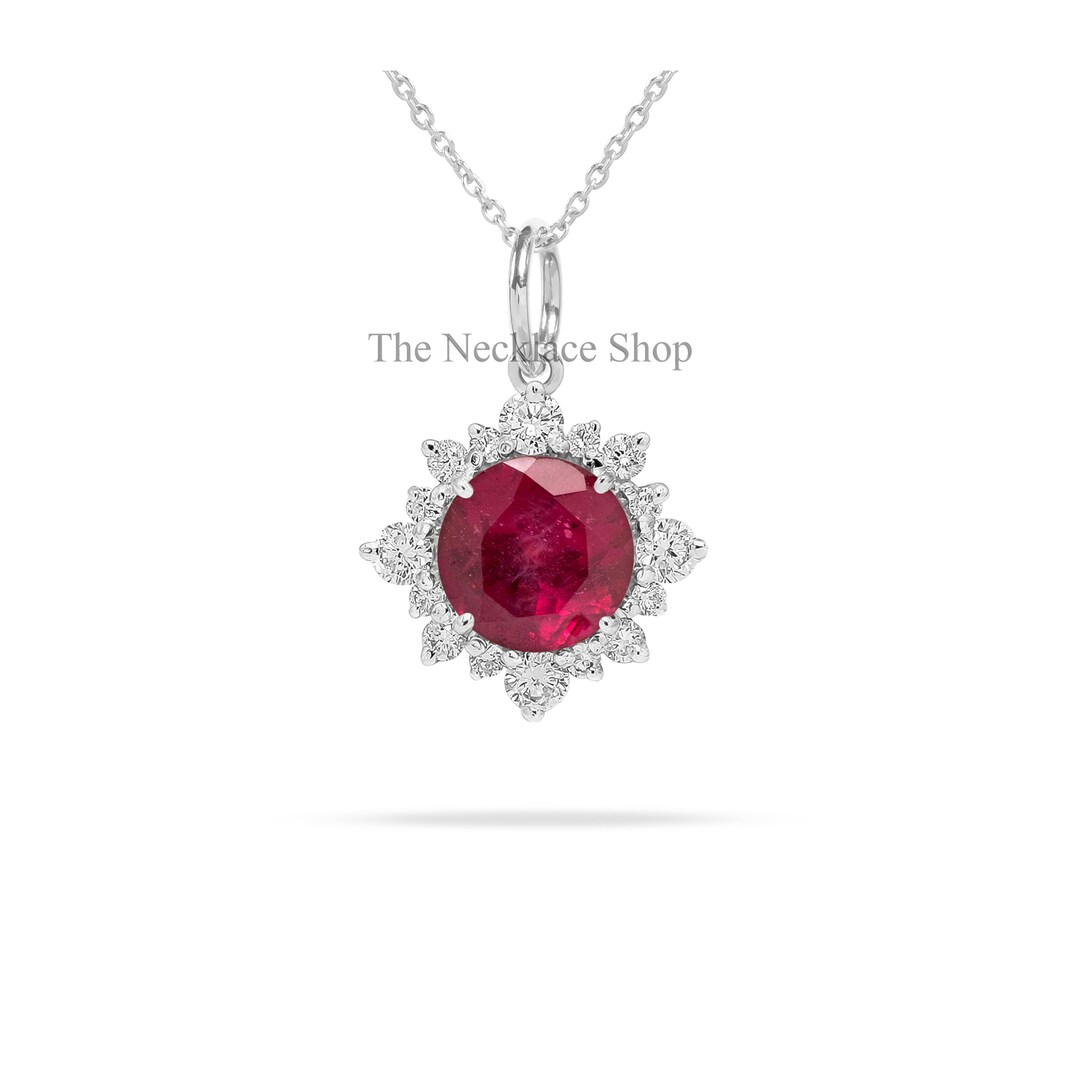 Natural Ruby Pendant Necklace/14k Solid Gold/halo Diamond Pendant/round ...