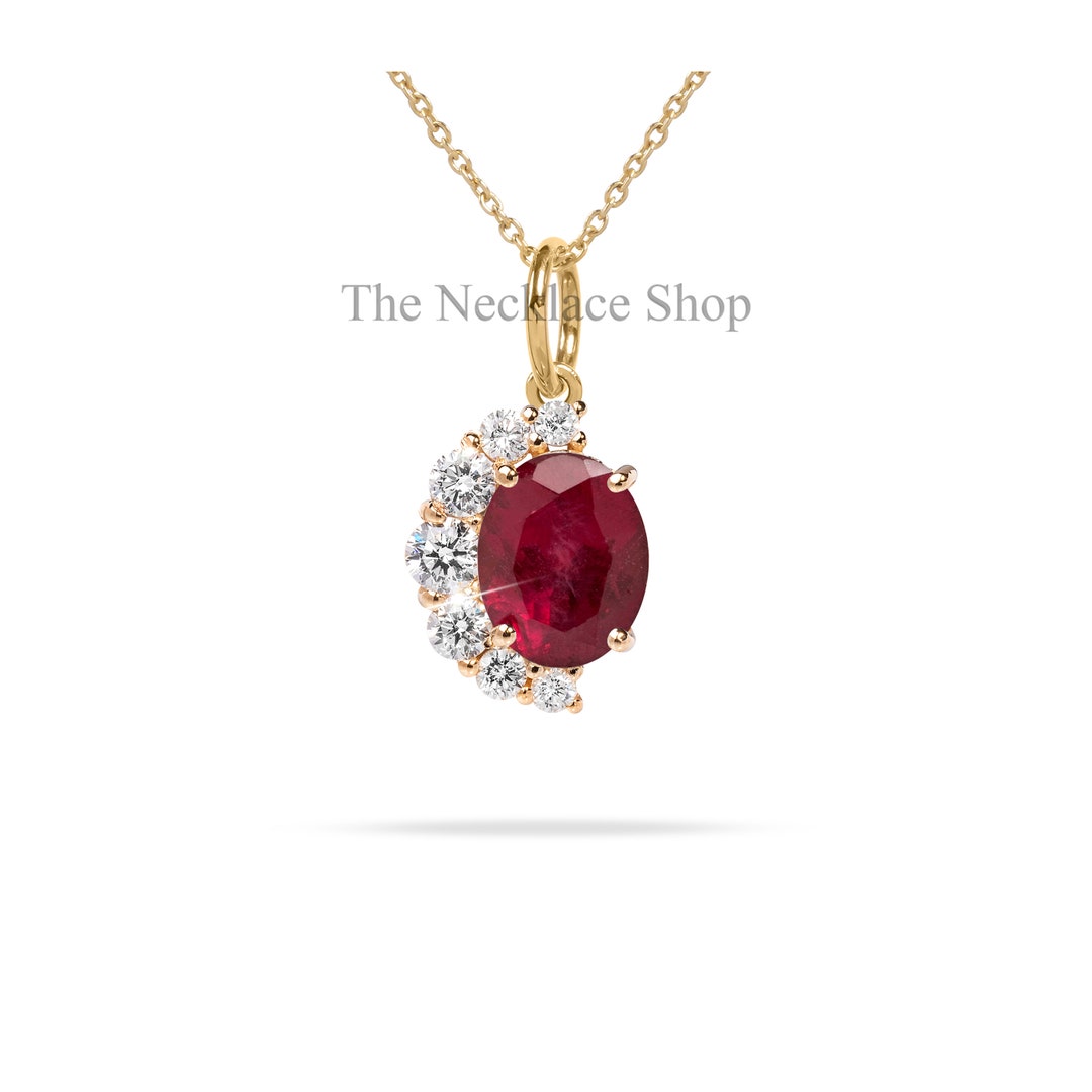 Half Moon Ruby Pendant, 14k Solid Gold, Ruby Diamond Pendant, Oval ...