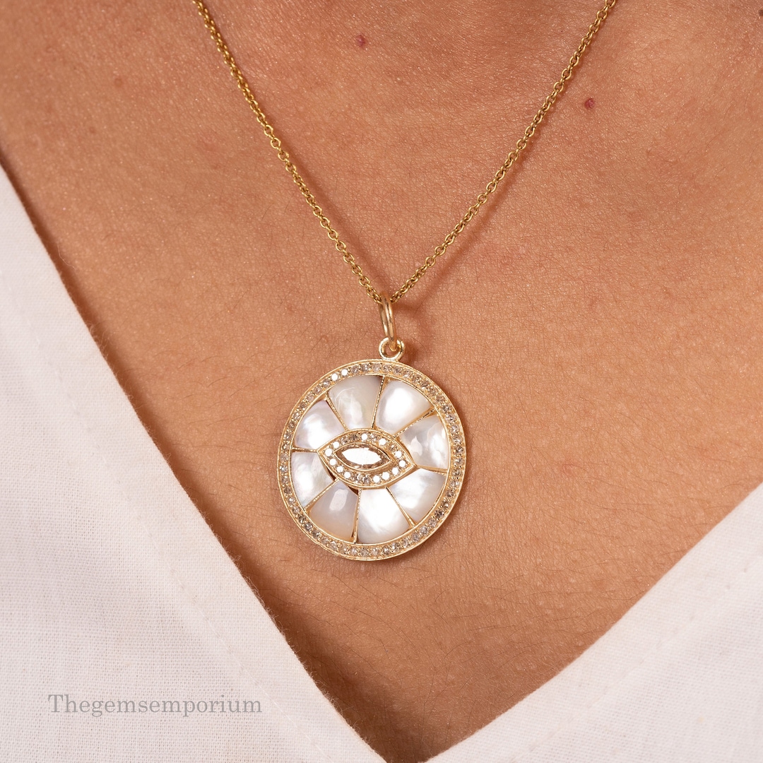 Diamond & Mother of Pearl 14k Solid Gold Pendant Necklace Art Deco Floral Women Pearl Pendant ...
