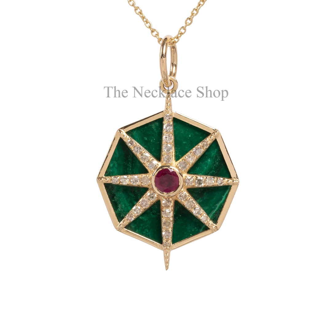 Natural Ruby Diamond Pendant,green Malachite Necklace, Starburst ...