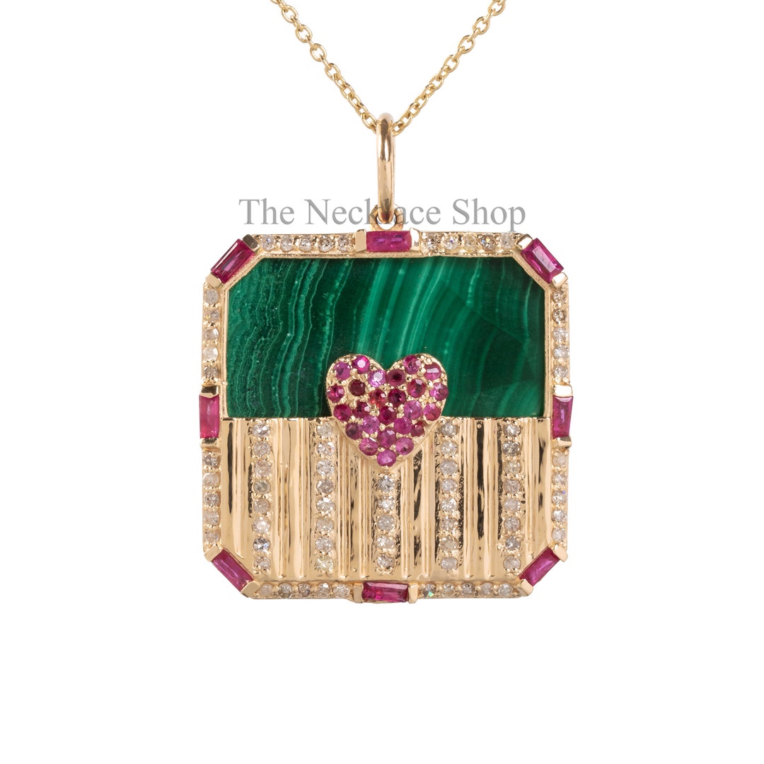 Handmade Malachite Diamond Pendant,baguette Cut Ruby Necklace,natural ...