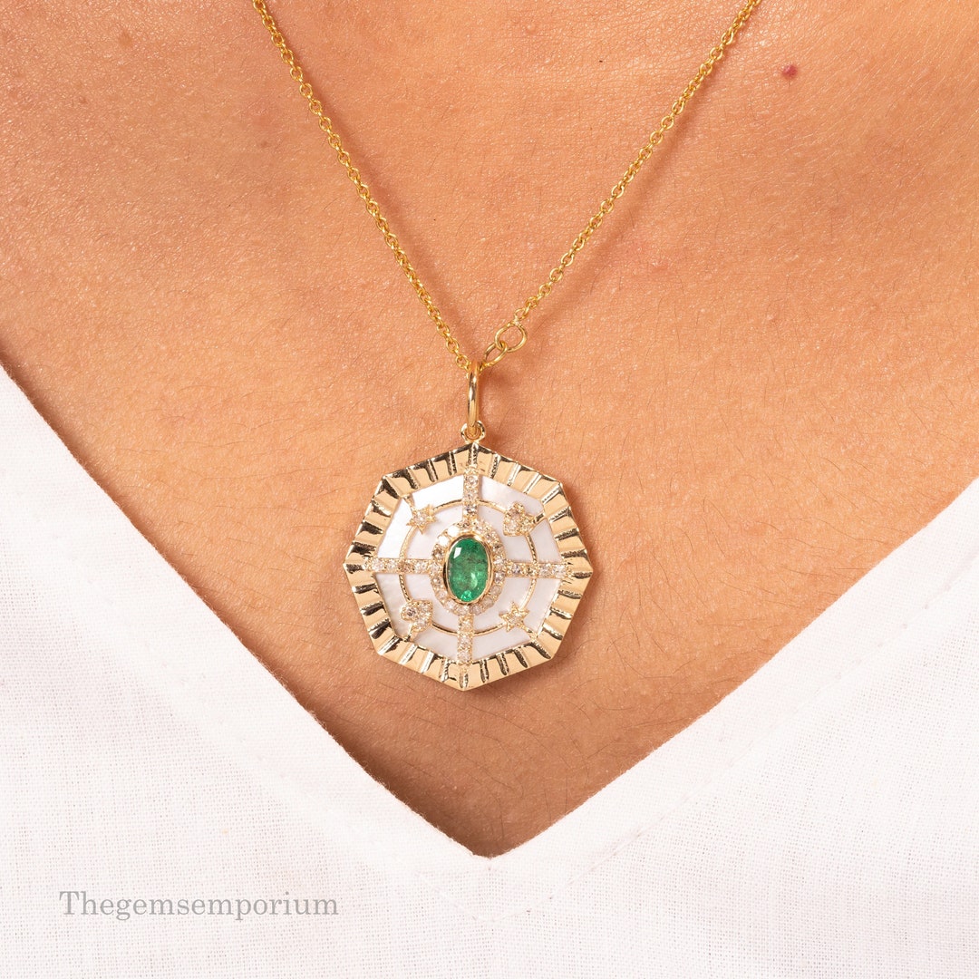 14k Gold Mother of Pearl Pendant/oval Emerald/diamond Halo/octagon ...