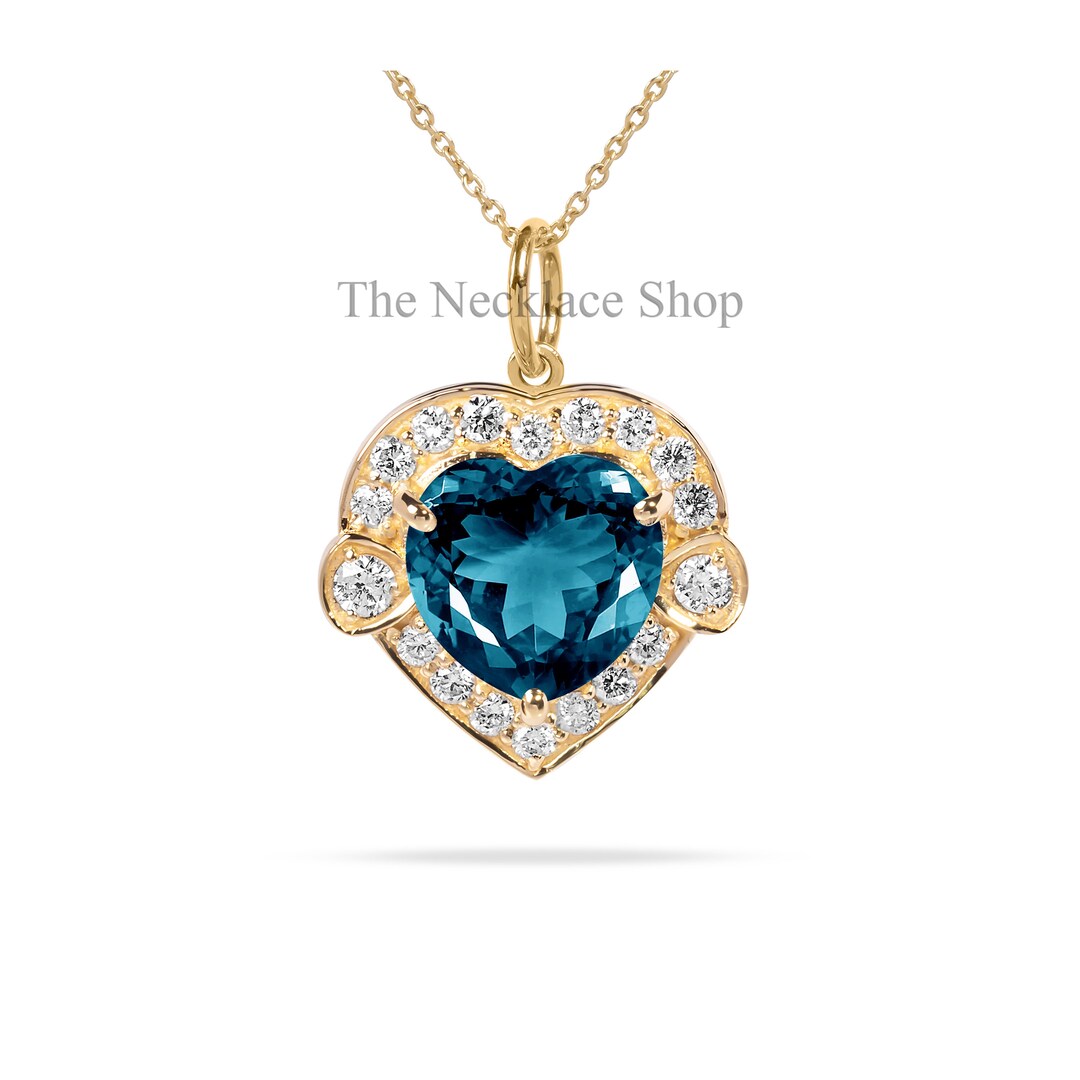 Blue Topaz Heart Pendant, Solid Gold Pendant, Diamond Halo Pendant ...