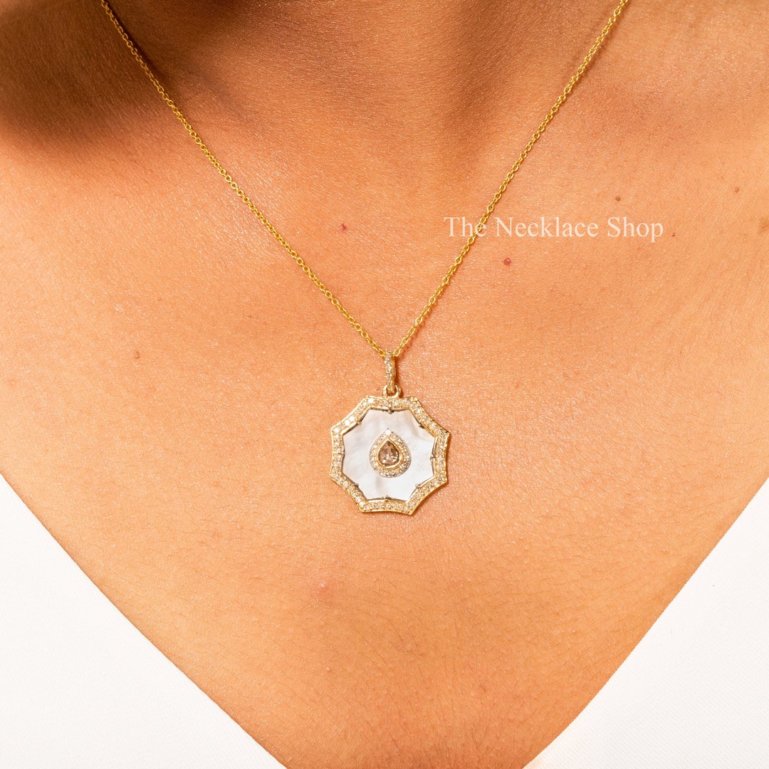 Octagon Shaped Mother of Pearl Pendant Necklace With Chain/14k Solid ...