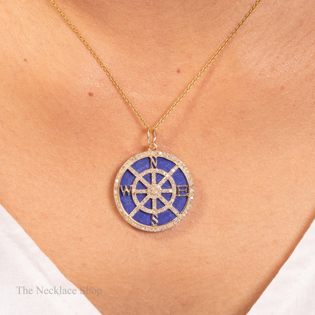 14k Gold Lapis Lazuli Compass Pendant Necklace, Diamond Accents - Etsy