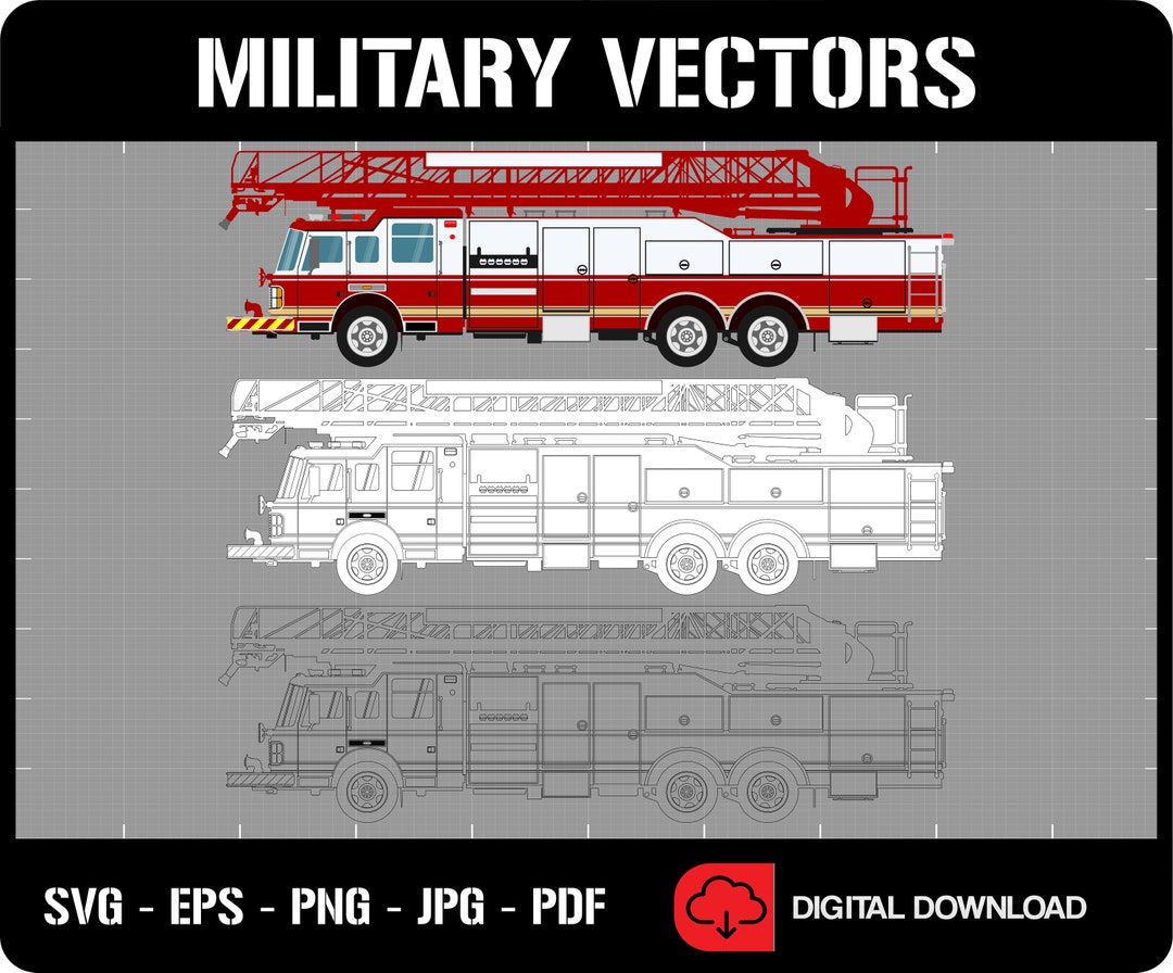 Realistic Fire Ladder Tiller Engine Truck Drawing Blueprint Outline ...
