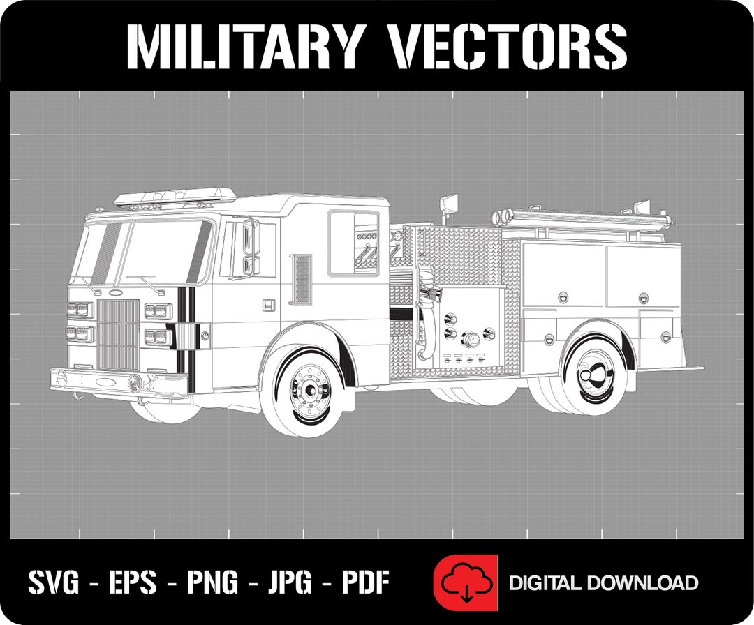 Realistic Fire Engine Truck Drawing Blueprint Outline Diagram - Digital ...