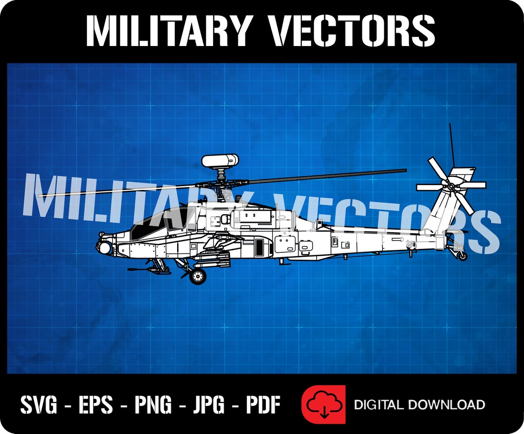 Military AH-64D Apache Attack Helicopter Outline Blueprint Diagram ...