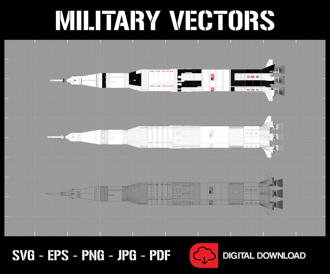 NASA Saturn V Rocket Drawing Blueprint Outline Silhouette - Digital ...