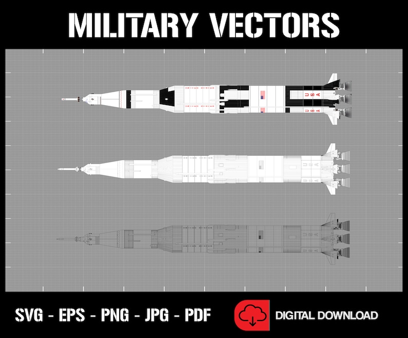 NASA Saturn V Rocket Drawing Blueprint Outline Silhouette - Digital ...
