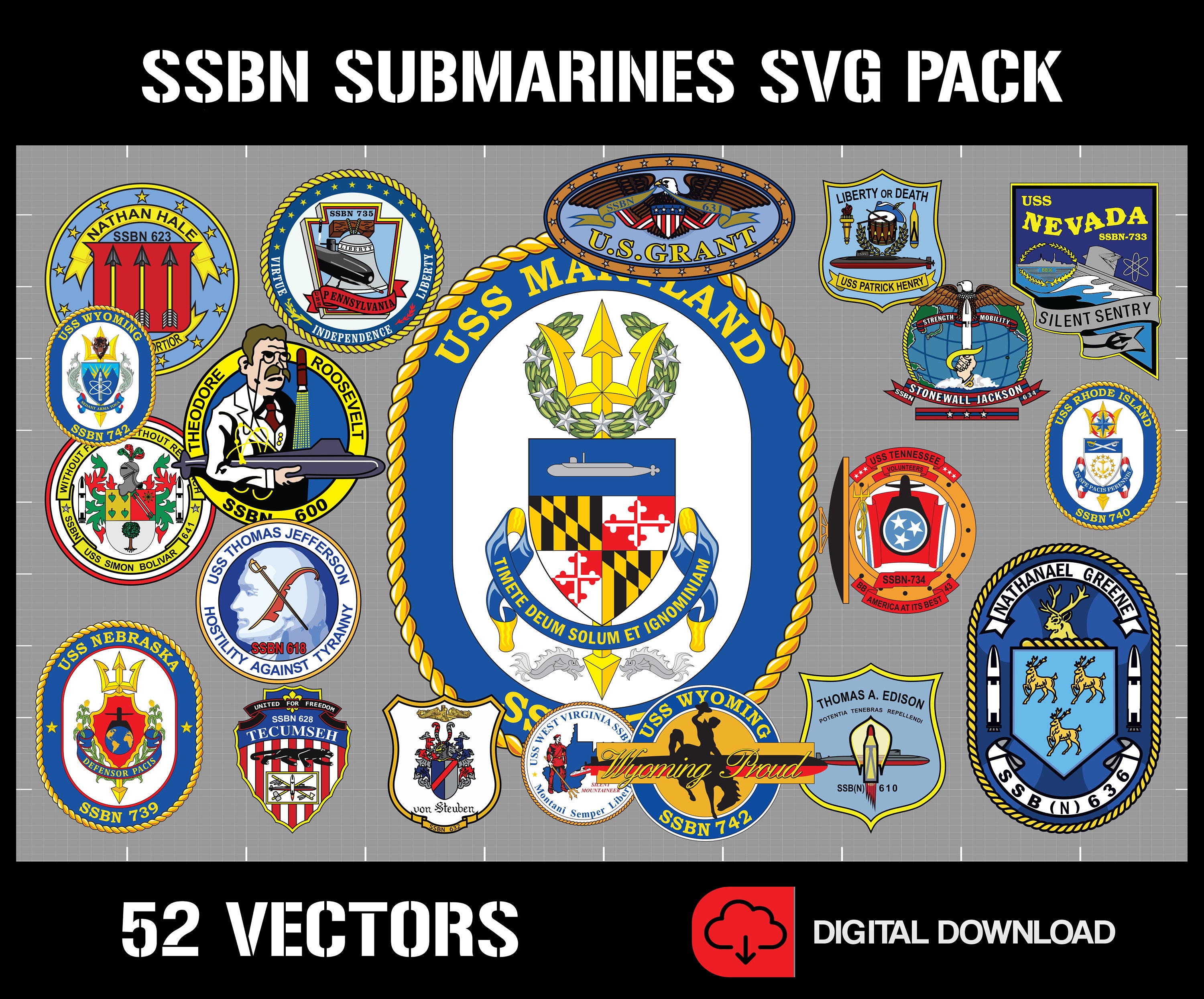U.S. Navy SSBN Ballistic Missile Submarines MEGA Bundle - 52 SVG Files ...
